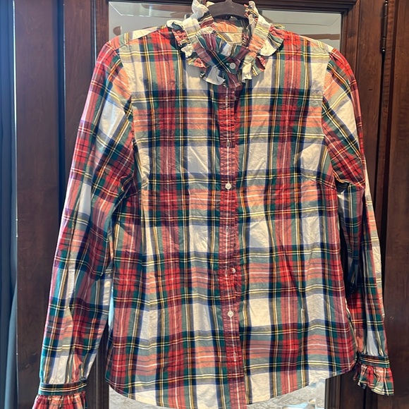 J. Crew | Tops | J Crew Plaid Ruffle Neck Button Down | Poshmark